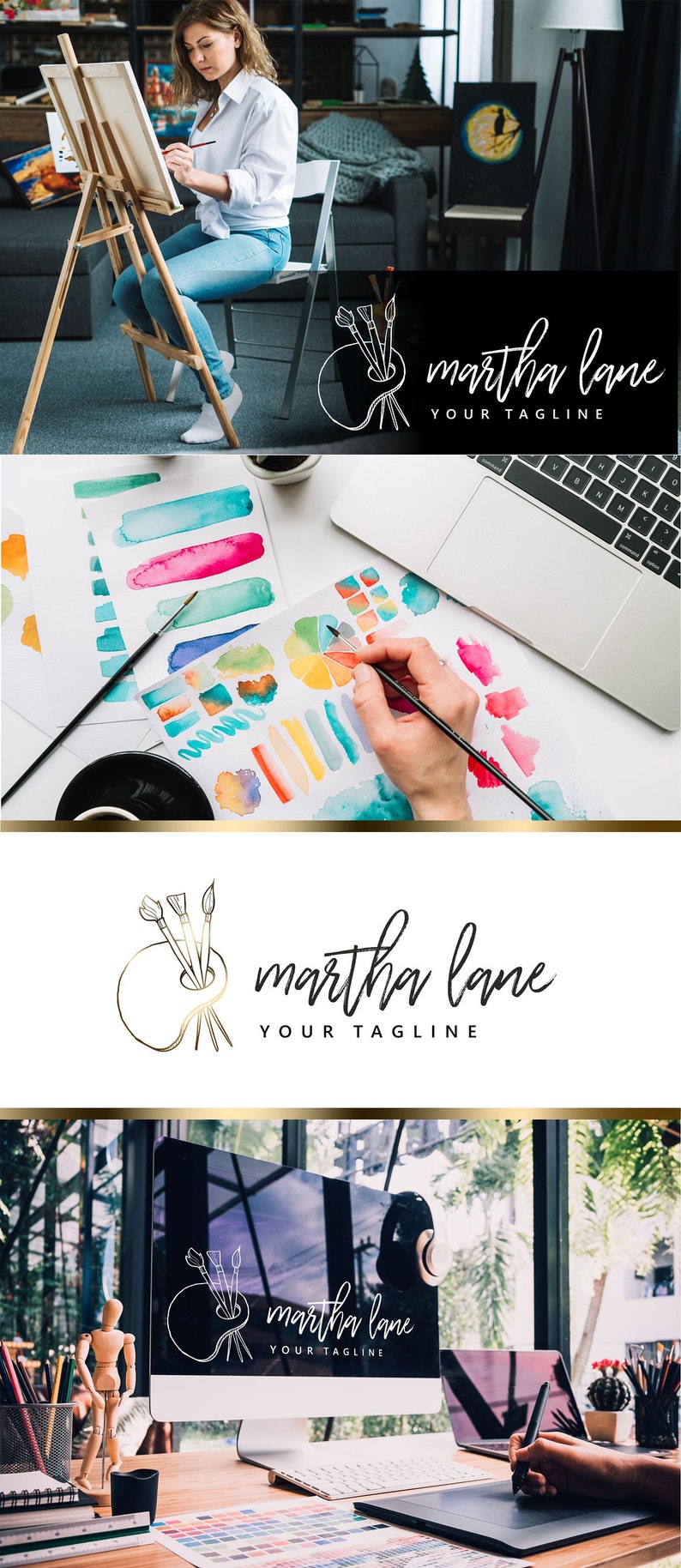 Art Shop Logo Set, Painting Logo, Paint Brush Logo, Watermark Logo ...