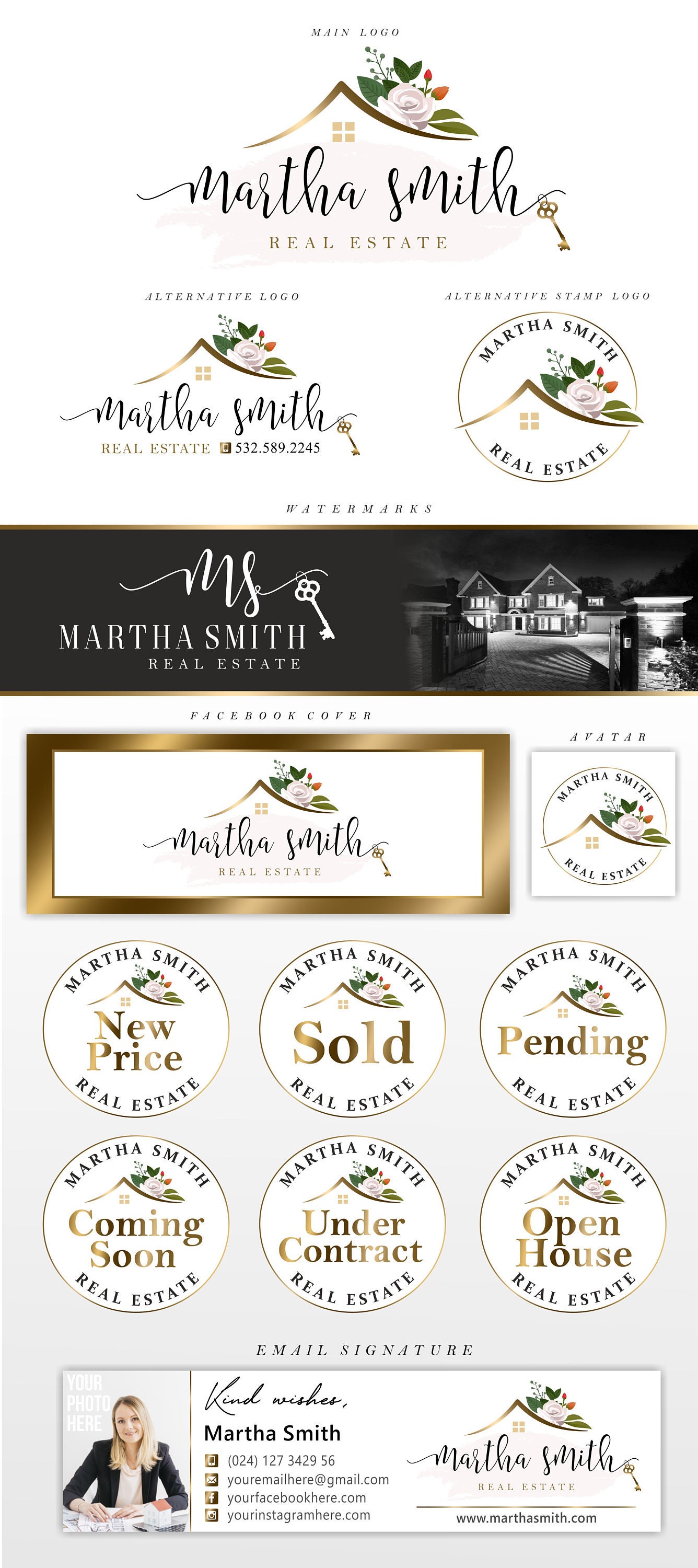 Real Estate Logo Design Realtor Stamps Floral House Roof | Etsy