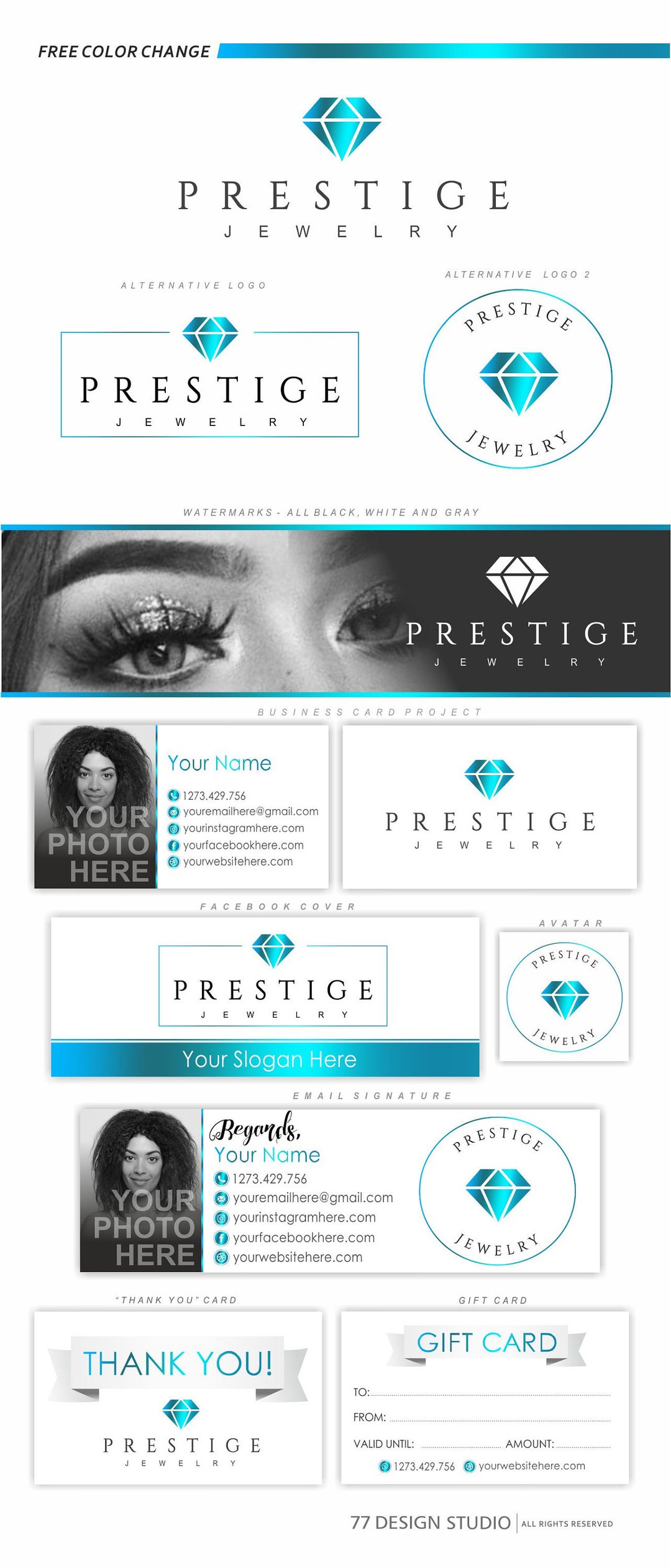 Diamond Premade Logo Package, Jewelry Logo Design, Turquoise Geometric ...