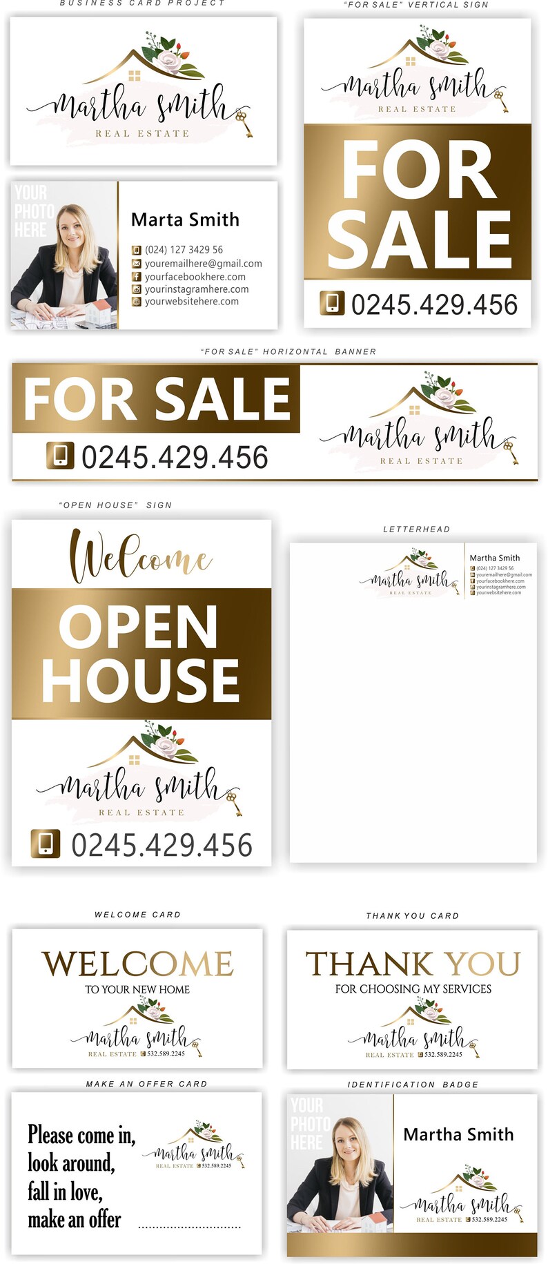 Real Estate Logo Design Realtor Stamps Floral House Roof - Etsy