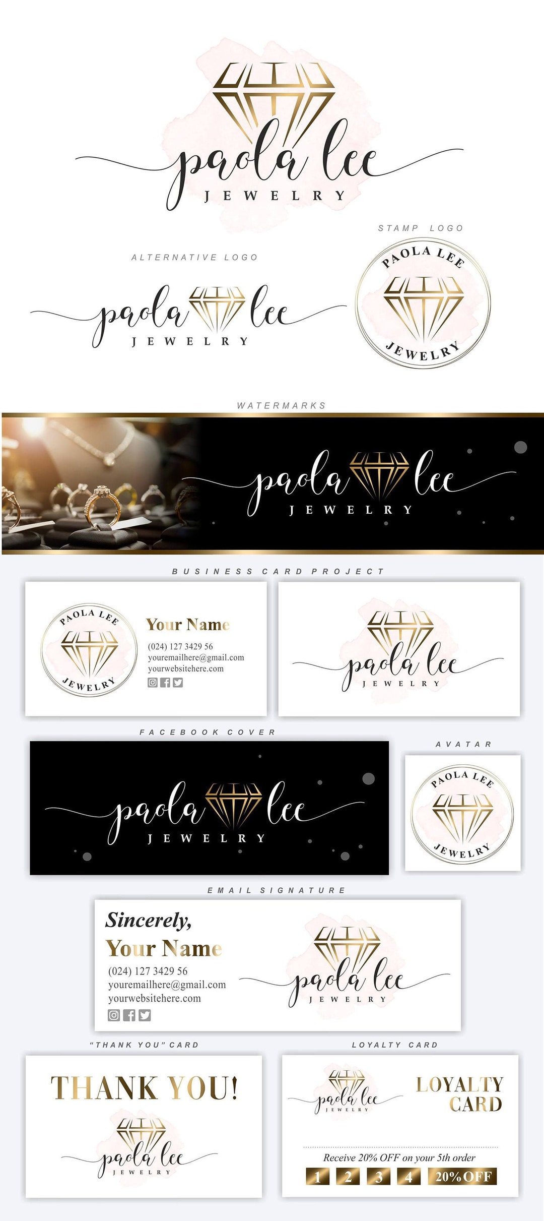 Diamond Logo Design, Jewelry Premade Logo Package, Gold Geometric Logo ...