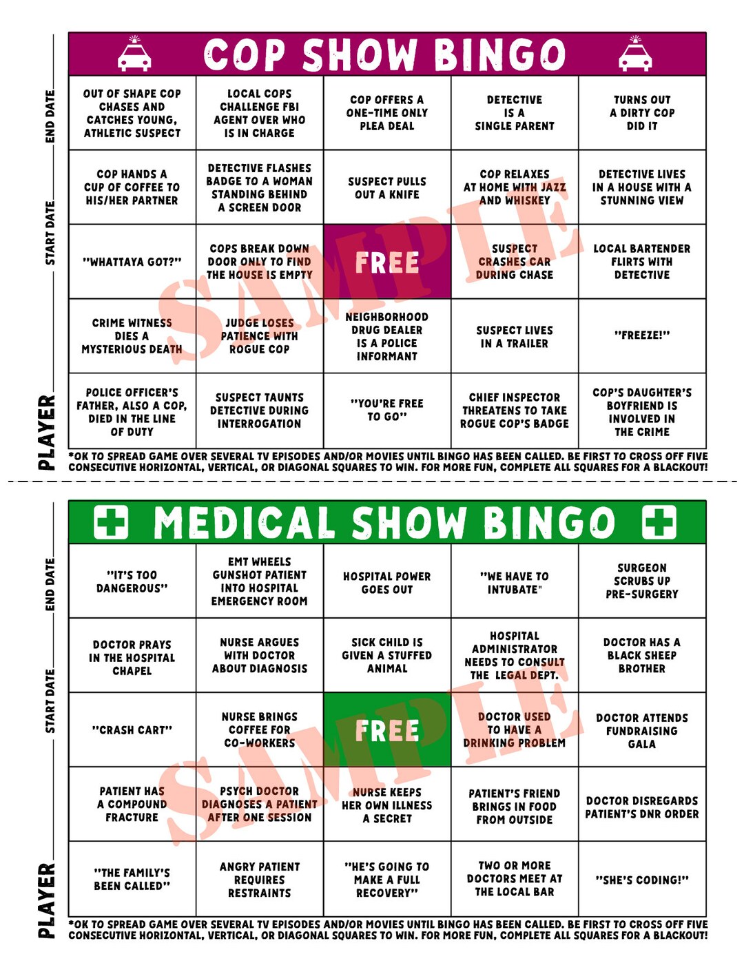 TV Bingo Cop Show Bingo and Medical Show Bingo Cards for Indoor Family ...