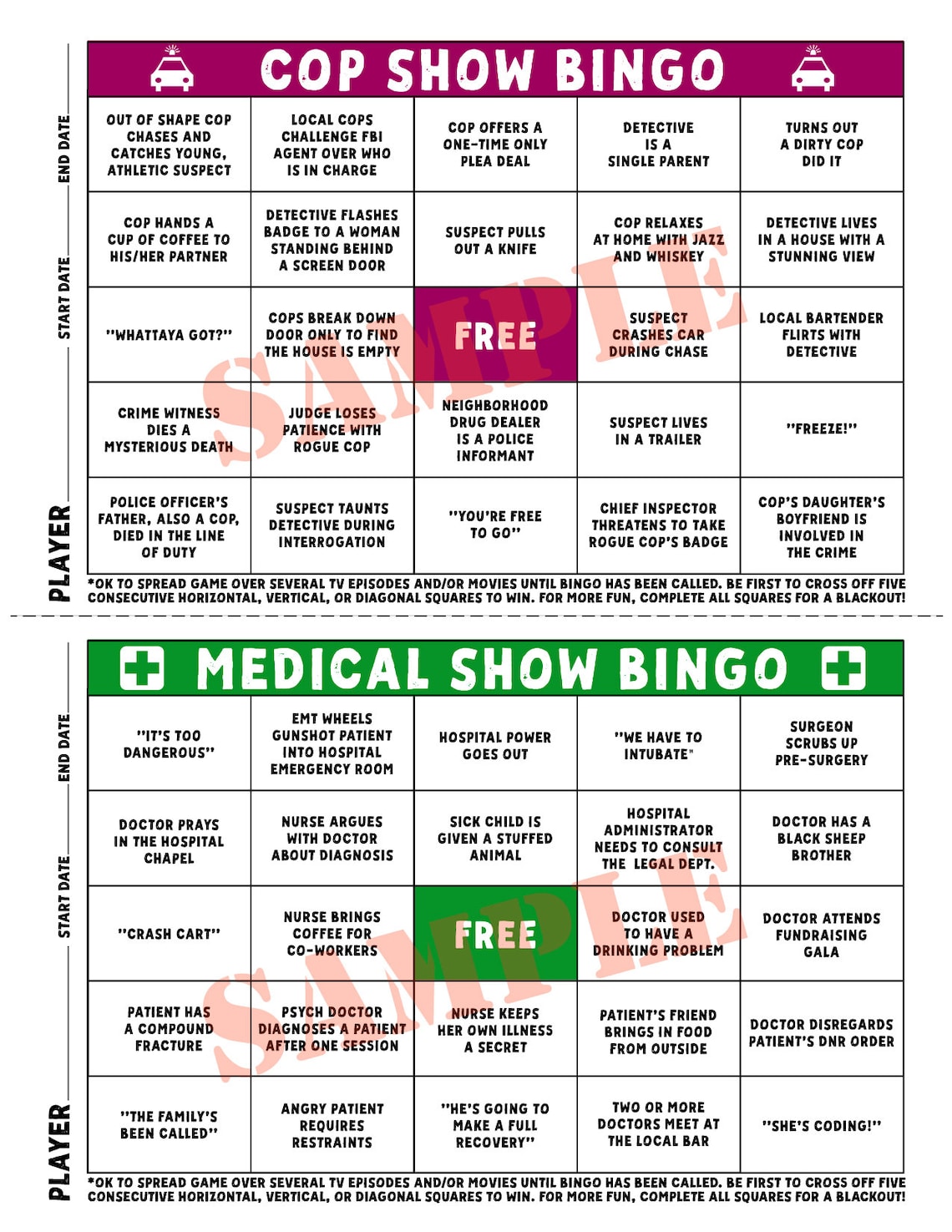TV Bingo Cop Show Bingo and Medical Show Bingo Cards for Indoor Family ...
