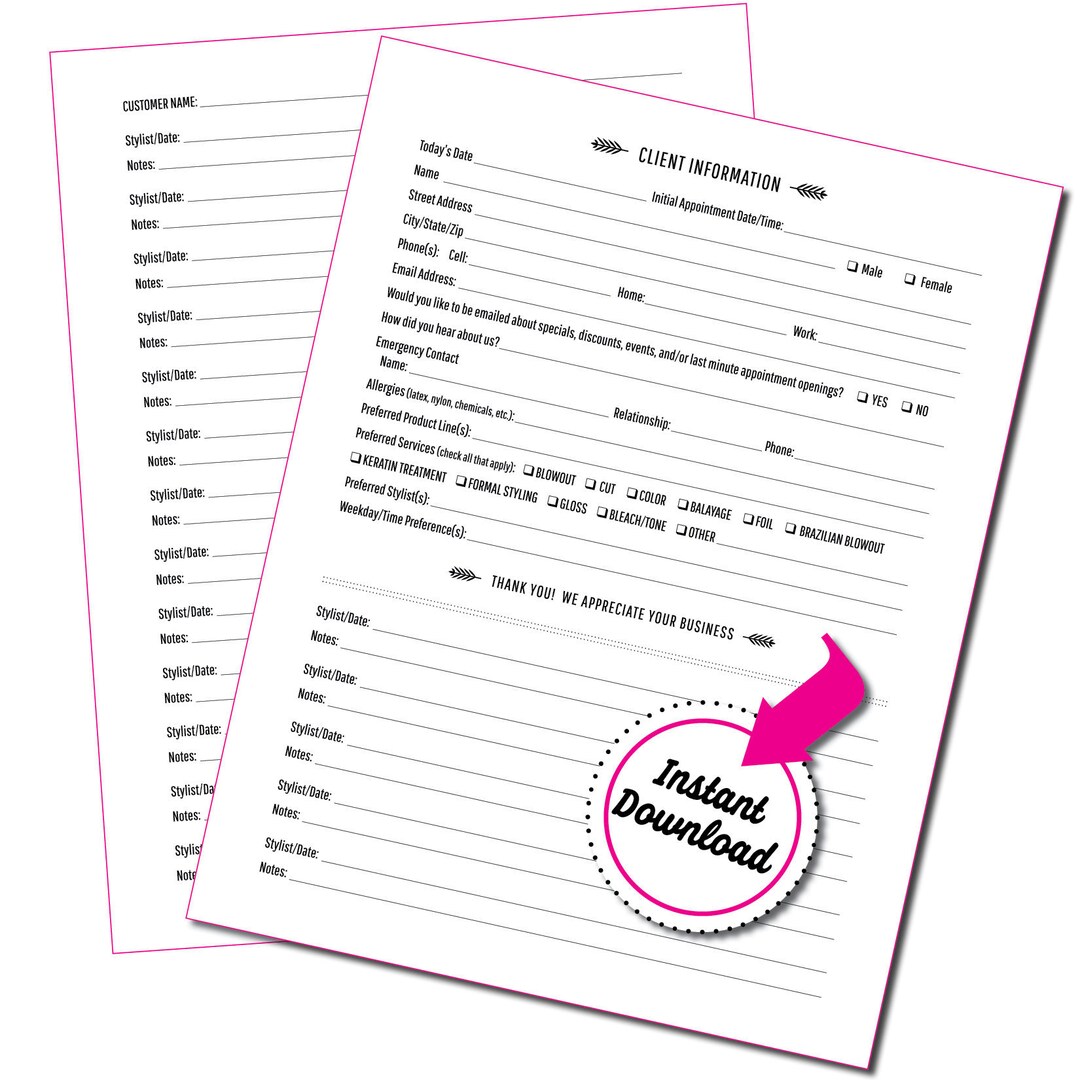Hair Salon Customer Intake Form • Stylist Client Information Record Log ...