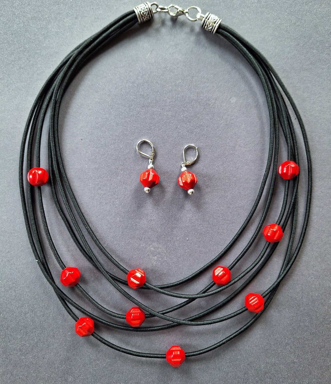 Red Set, Black Necklace, Rope Necklace, Cherful Necklace, Red Jewellery ...