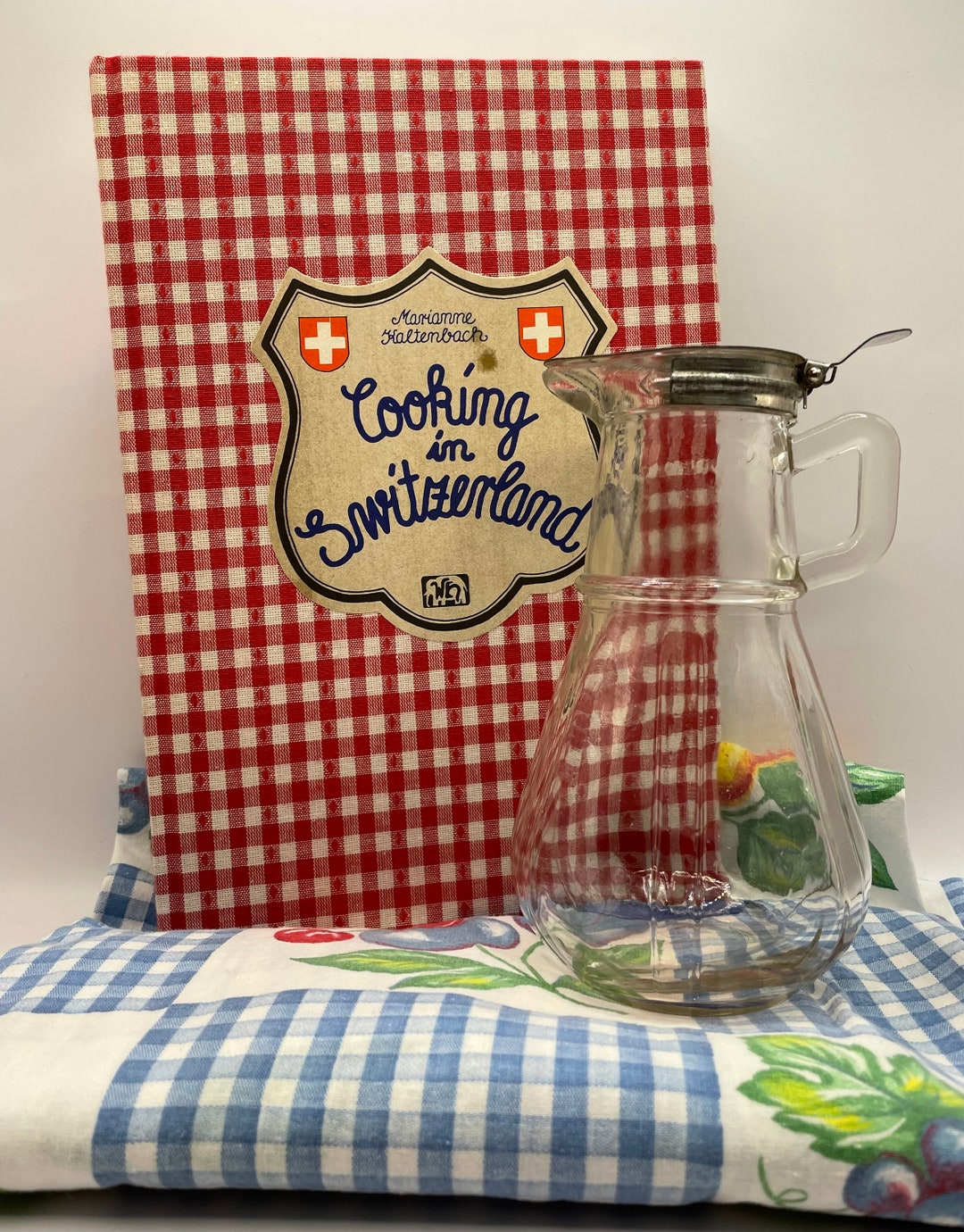 Depression Era Anchor Hocking Glass Syrup Pitcher and Swiss Cookbook ...