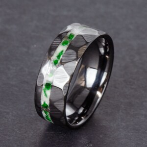 Emerald, Glow, and Meteorite Obsidian Black Ceramic Ring, Men's Wedding ...