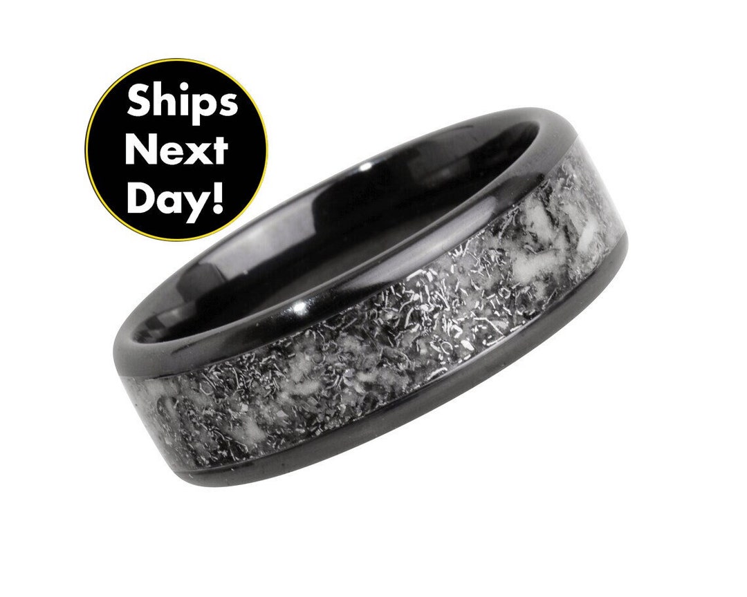 Meteorite Glow Ring, Black Ceramic Resin Mens Wedding Band Wide 8mm ...
