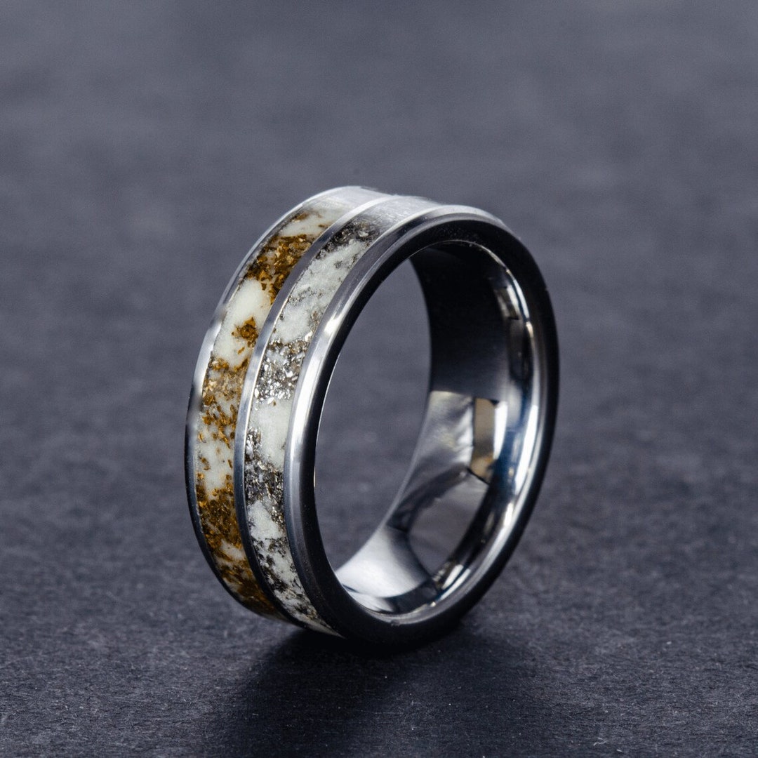 Glowing Twin Relics - Meteorite and Dinosaur Bone Ring, Tungsten Glow ...