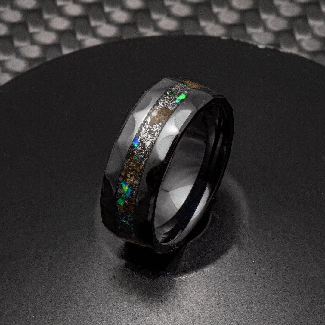 Dino's Eye Opal, Meteorite, and Dinosaur Bone Ring, Hammered Black ...