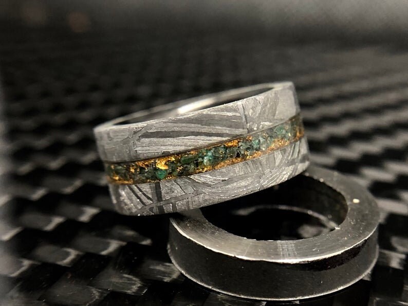 Meteorite Ring, Emerald + 24k Gold, Women or Mens Wedding Band Carbon ...