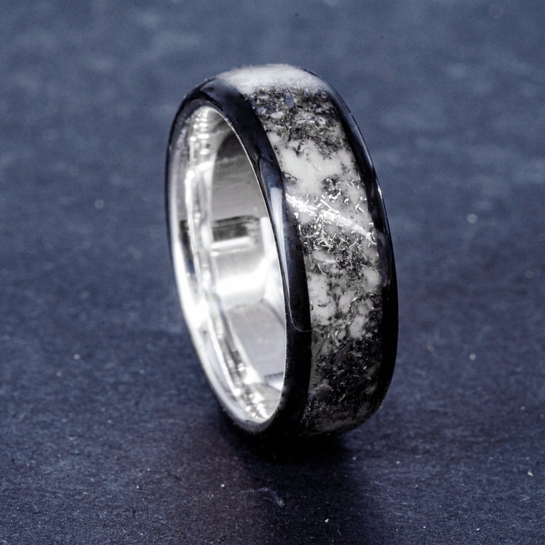 Meteorite Glow Ring, Silver 925 Wedding Band, Unique Ring, Carbon Fiber ...