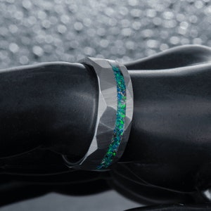 Opal and Meteorite Obsidian Style Tungsten Ring, Men's Wedding Band ...