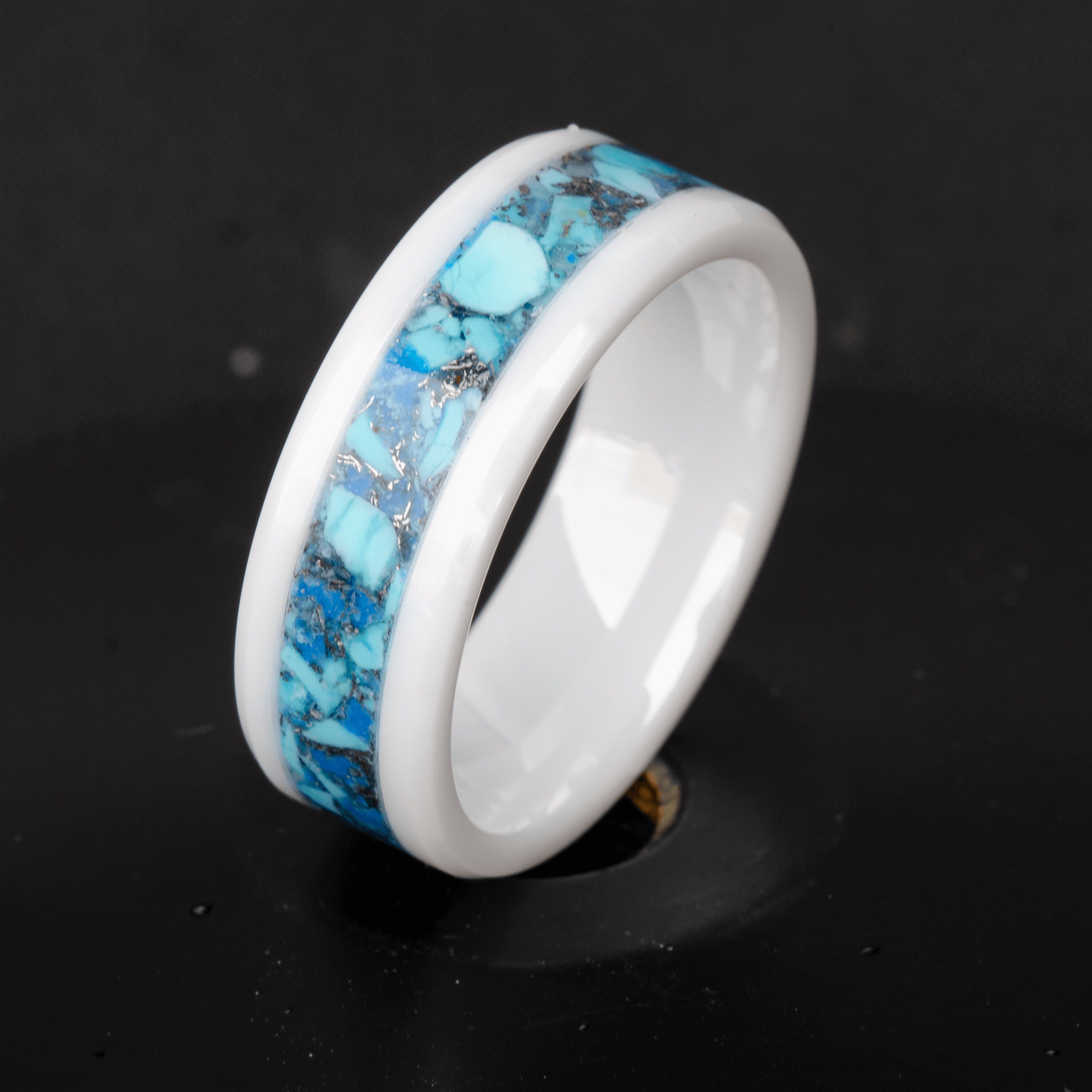 Turquoise Sea Mist - Meteorite Glow Ring, White Ceramic Band With Raw ...