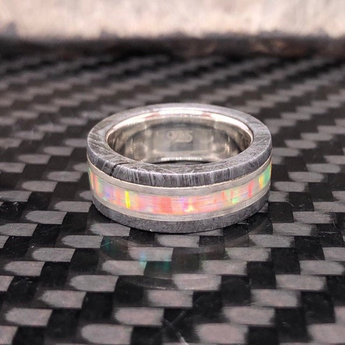 Opal Ring Meteorite Engagement Ring Silver Mens Wedding - Etsy