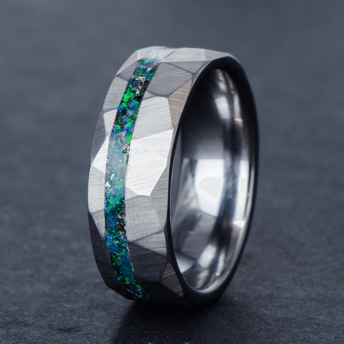Opal and Meteorite Obsidian Style Tungsten Ring, Men's Wedding Band ...