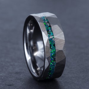 Opal and Meteorite Obsidian Style Tungsten Ring, Men's Wedding Band ...
