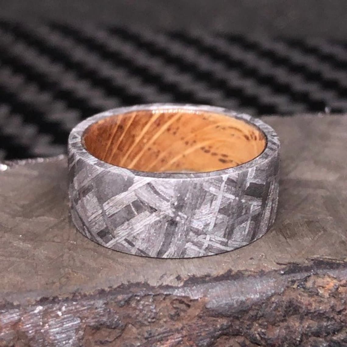 Meteorite Ring, Whiskey Barrel Wood, Mens or Womens Wedding Band ...