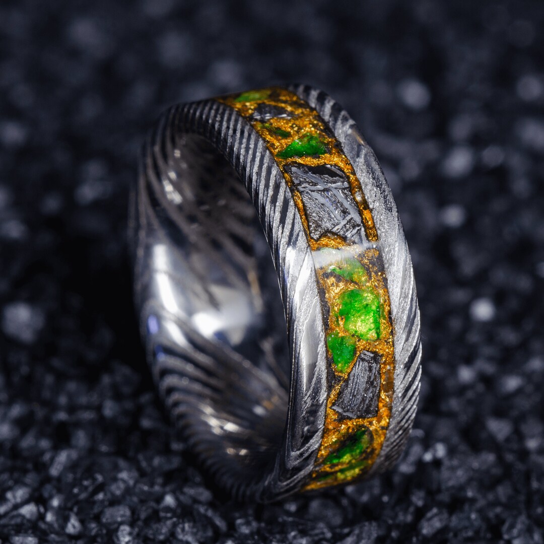 Emerald, Meteorite, and 24K Gold Damascus Steel Ring - Unique Etched Meteorite Shard Inlay ...