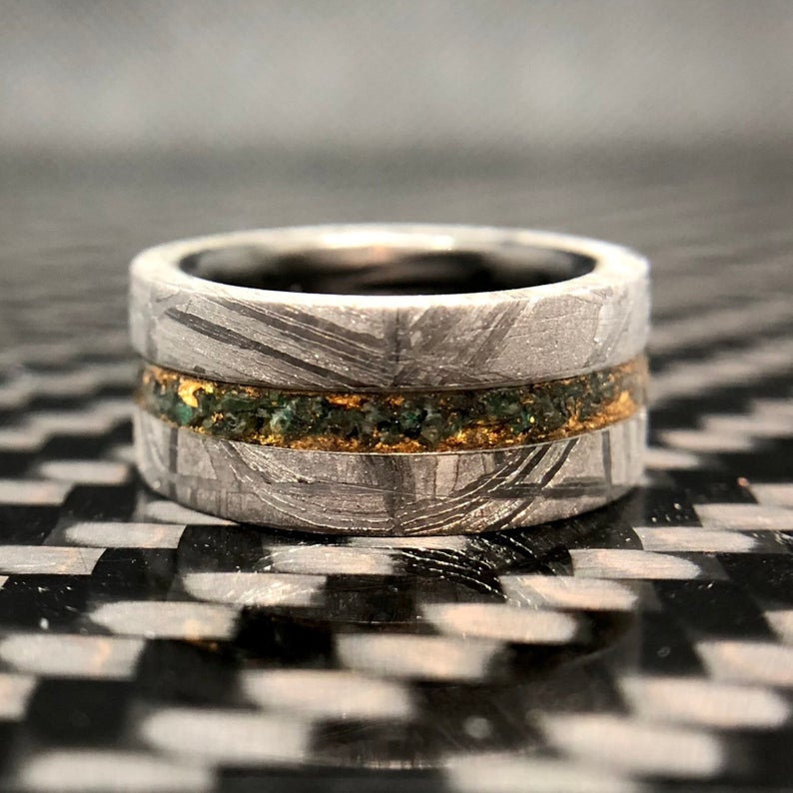 Meteorite Ring, Emerald + 24k Gold, Women or Mens Wedding Band Carbon ...