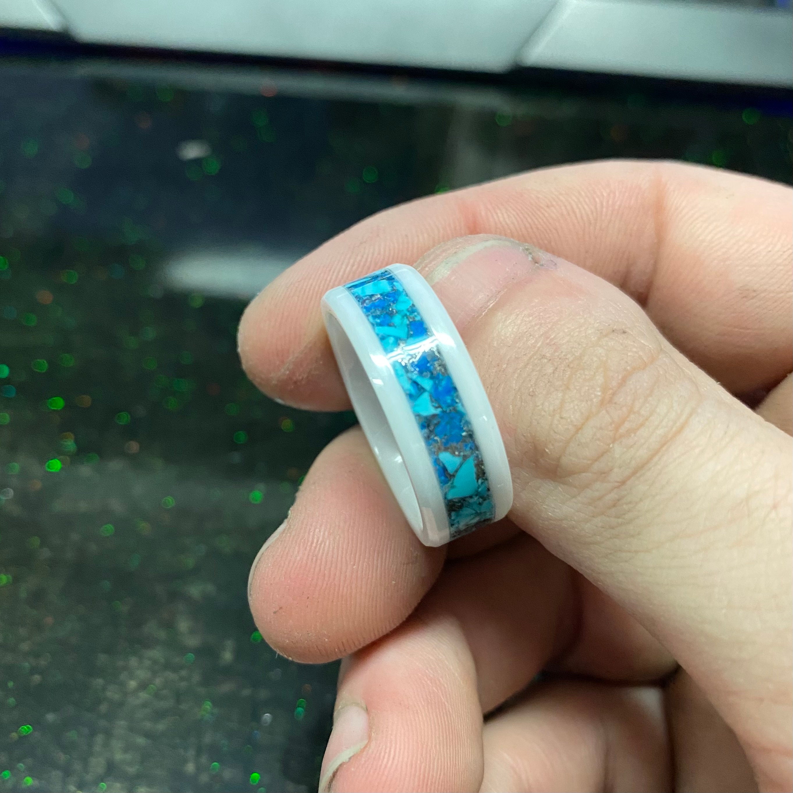 Turquoise Sea Mist - Meteorite Glow Ring, White Ceramic Band With Raw ...