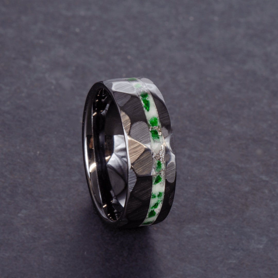 Emerald, Glow, and Meteorite Obsidian Black Ceramic Ring, Men's Wedding Band, Offset ...
