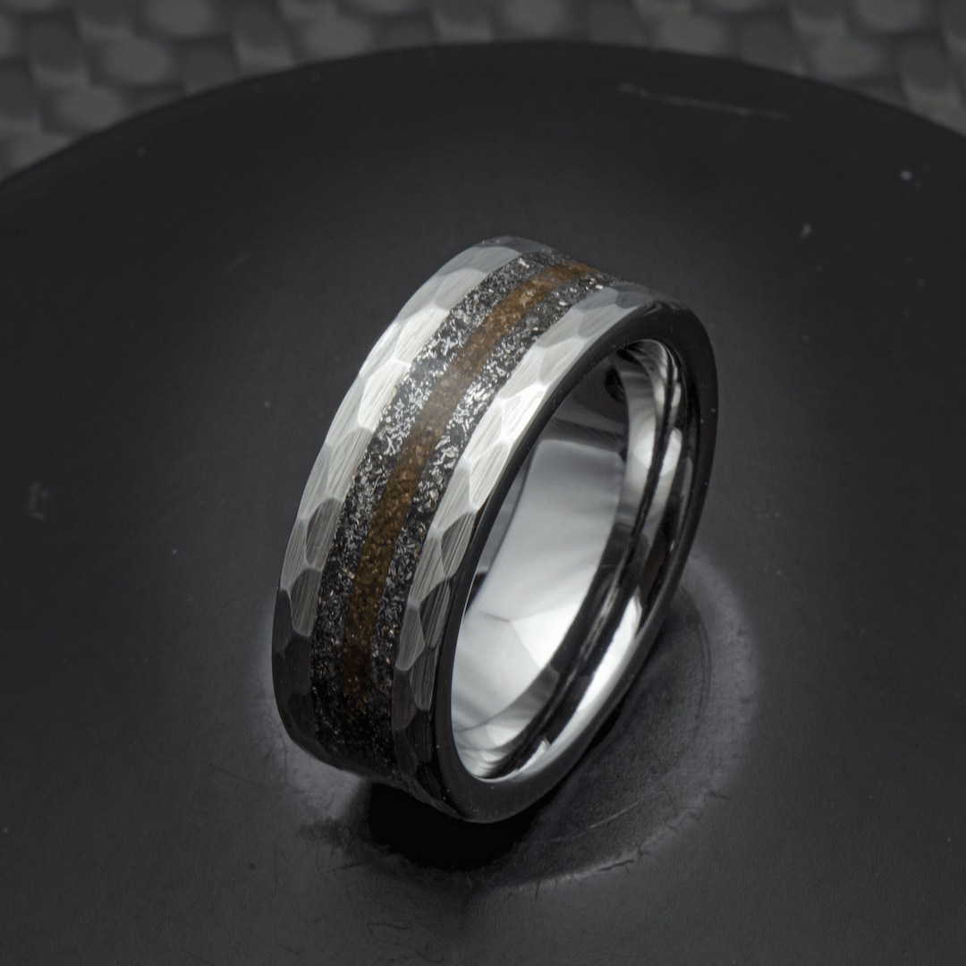 Jurassic Astronomer - Meteorite and Dinosaur Ring, Hammered Tungsten ...