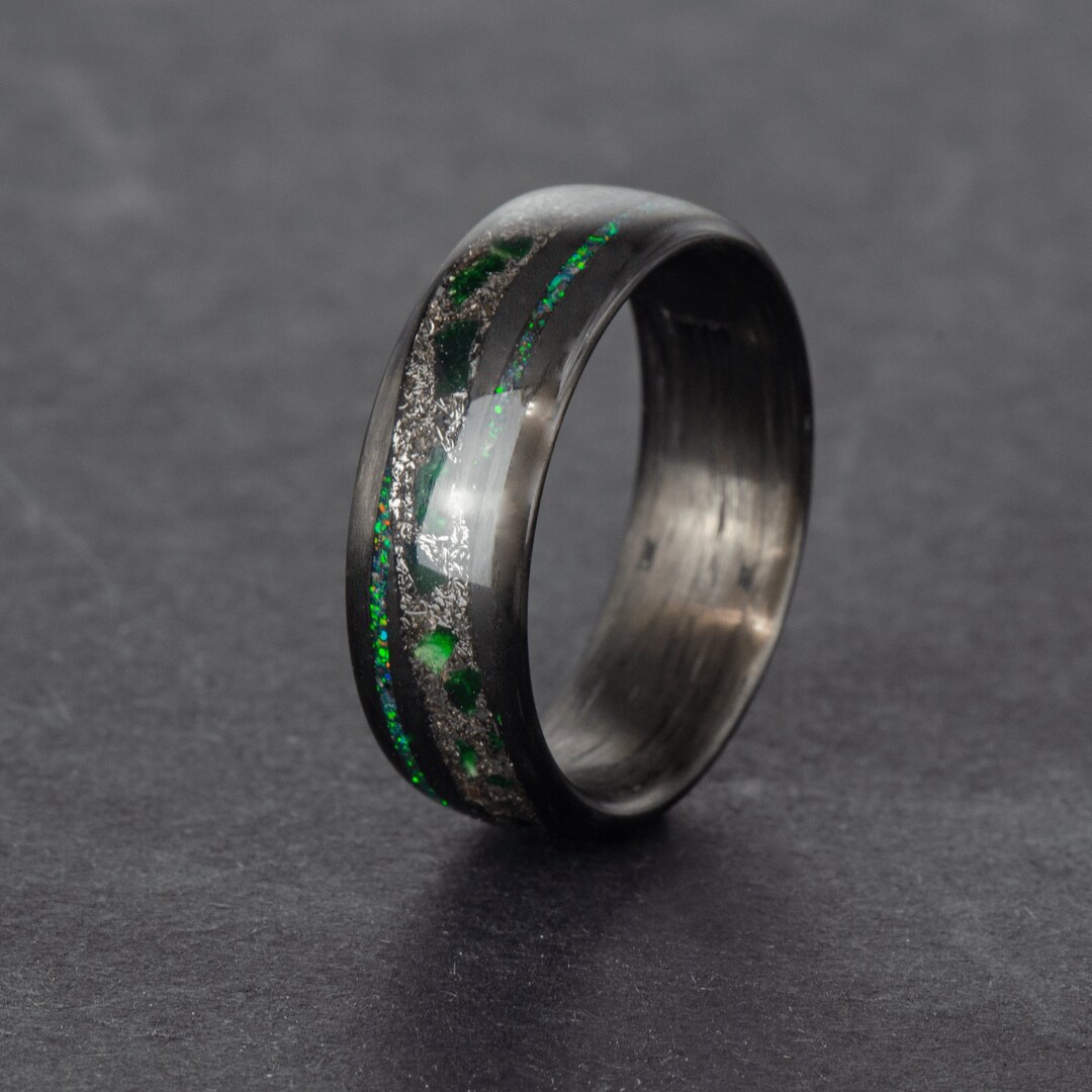 Rivers Roots Ring, Emerald Meteorite Opal Ring Carbon Fiber Band 8mm - Etsy