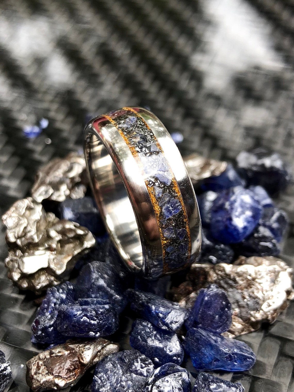 Molten Sapphire Core- Gold and Meteorite Titanium Ring - Etsy