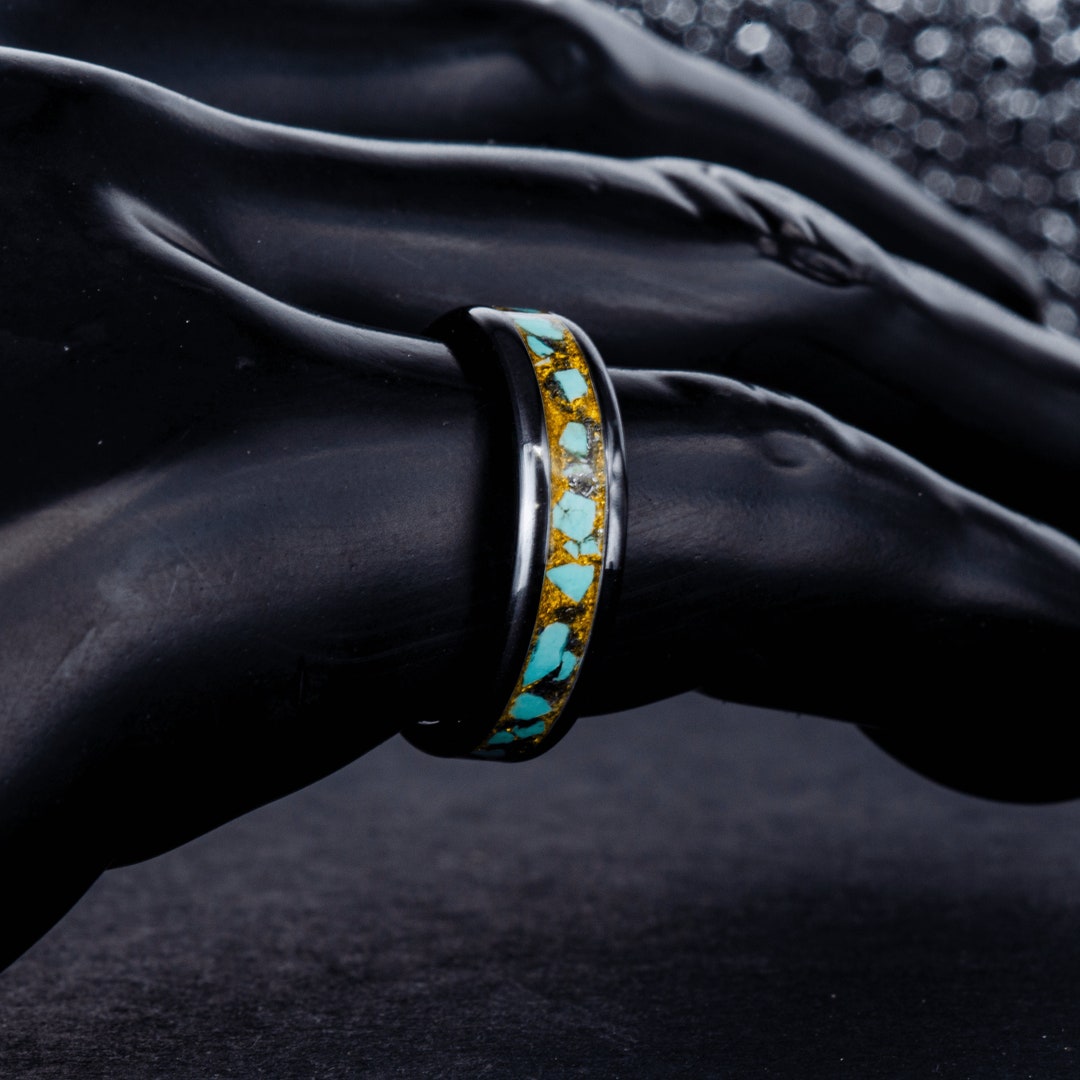 Turquoise Stardust 24K Gold, Meteorite, and Turquoise Crystal Black Ceramic Ring - Etsy