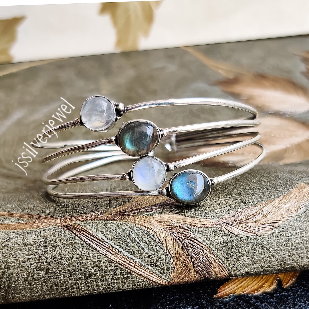 Natural Moonstone Labradorite Bangle, Adjustable 925 Sterling Silver ...
