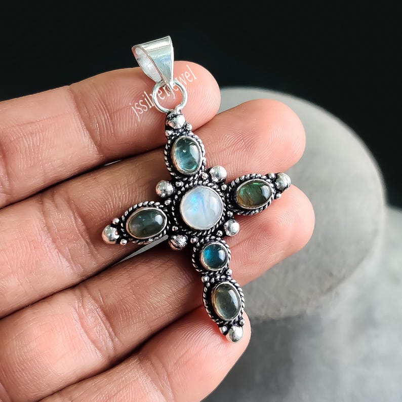 Labradorite Moonstone Cross Pendant Handmade Sterling Silver Necklace ...