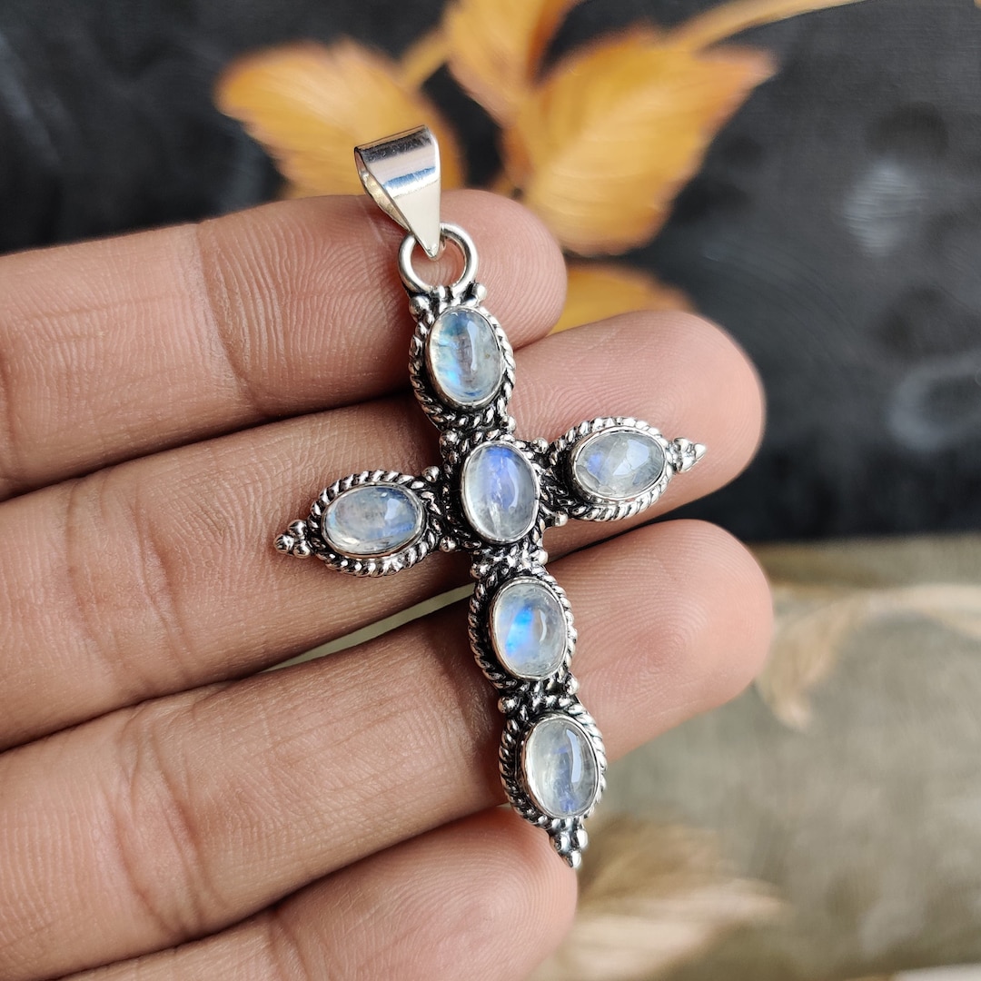 Natural Rainbow Moonstone Cross Pendant, 925 Sterling Silver Necklace ...