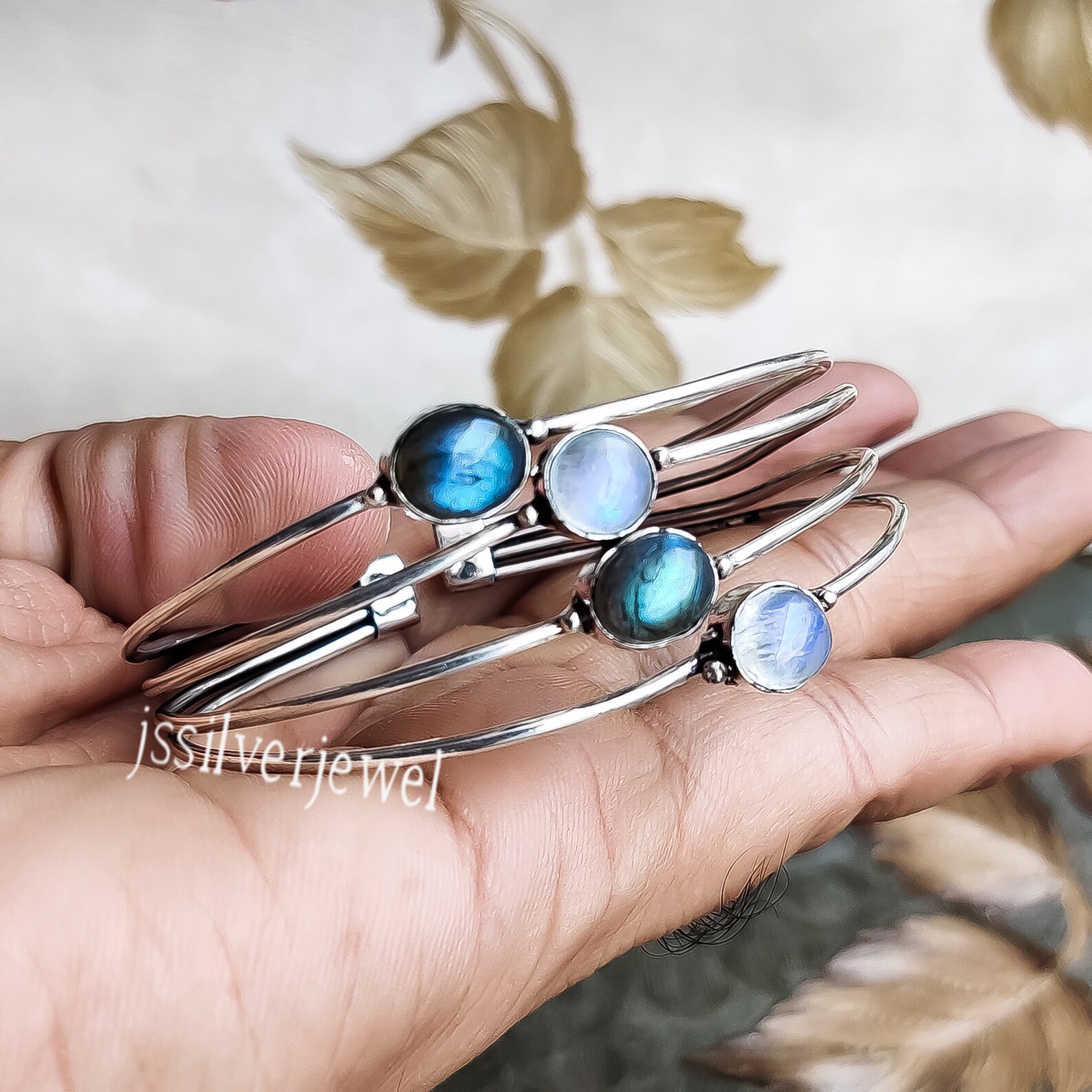 Natural Moonstone Labradorite Bangle, Adjustable 925 Sterling Silver ...