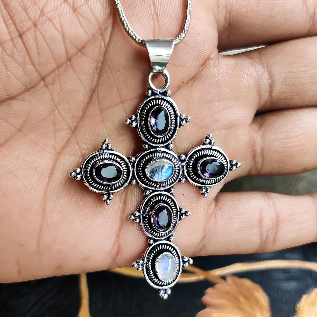 Moonstone/amethyst Cross Pendant, Designer Women Necklace, Multi ...