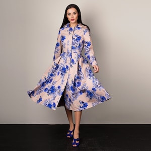 Beige Elongated Women's Hooded Swing Coat With Blue Flowers, Fitted ...