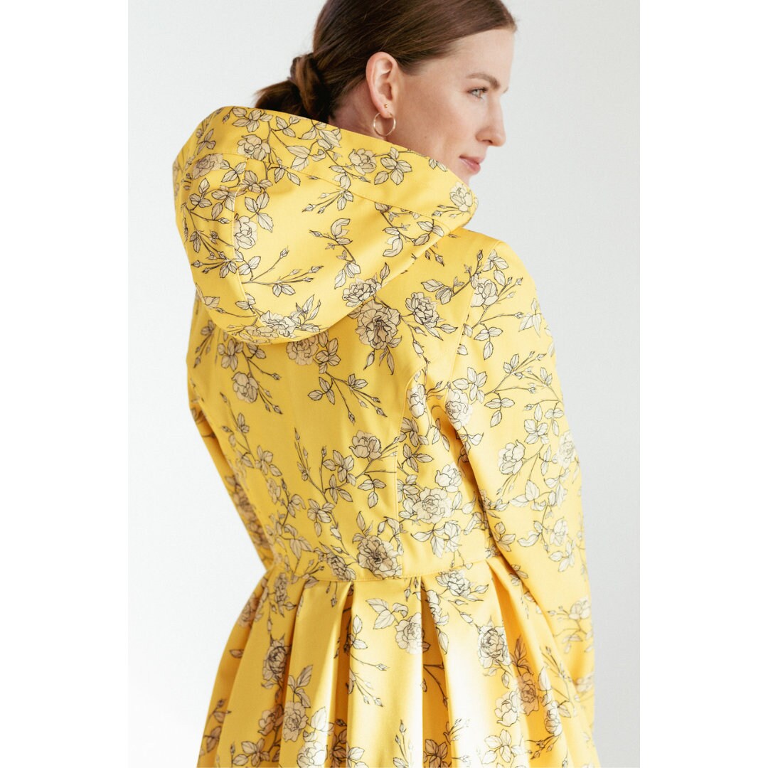 Waterproof Hooded Yellow Coat for Women Floral Raincoat With - Etsy