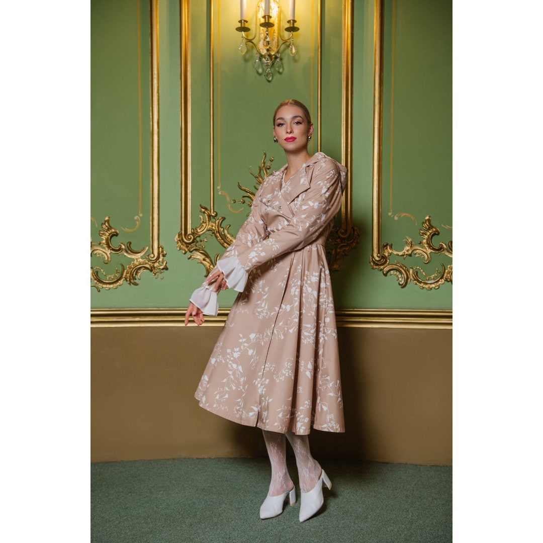 Soft Beige-pink Shade Color Raincoat With White Floral Print. Double ...