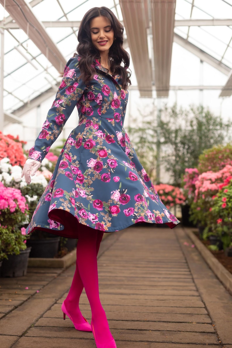 Teal Turquoise Green Raincoat With Roses, Waterproof Fit and Flare ...