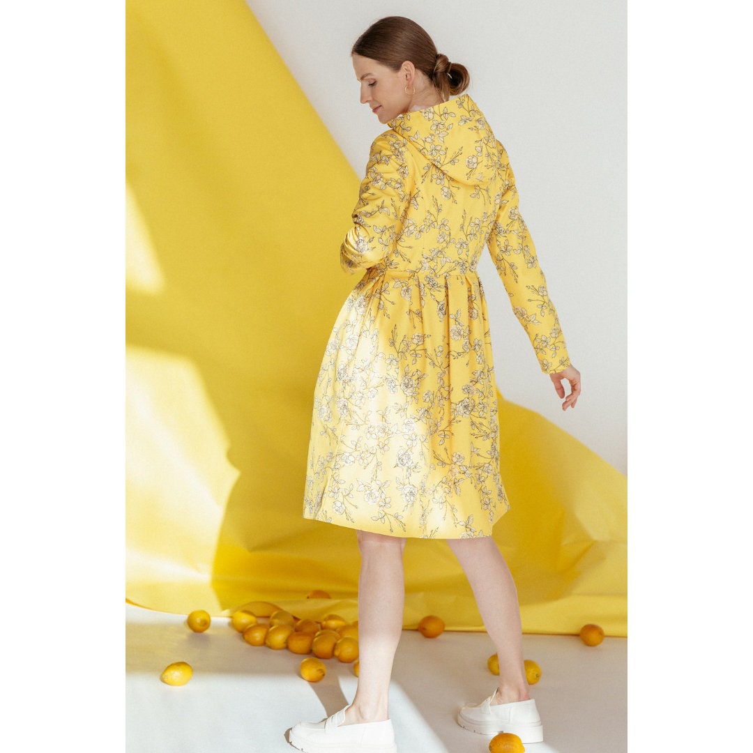 Waterproof Hooded Yellow Coat for Women Floral Raincoat With - Etsy