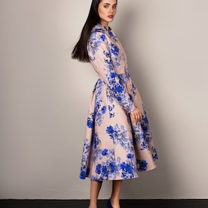 Beige Elongated Women's Hooded Swing Coat With Blue Flowers, Fitted ...