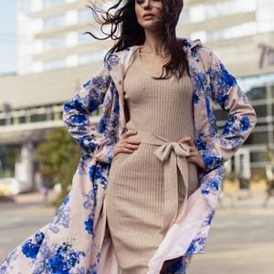 Beige Elongated Women's Hooded Swing Coat With Blue Flowers, Fitted ...