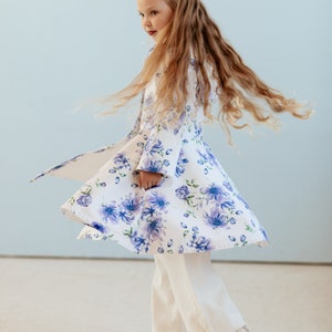 White Fitted and Flared Coat for Girls With a Blue Flower Print, Girls ...