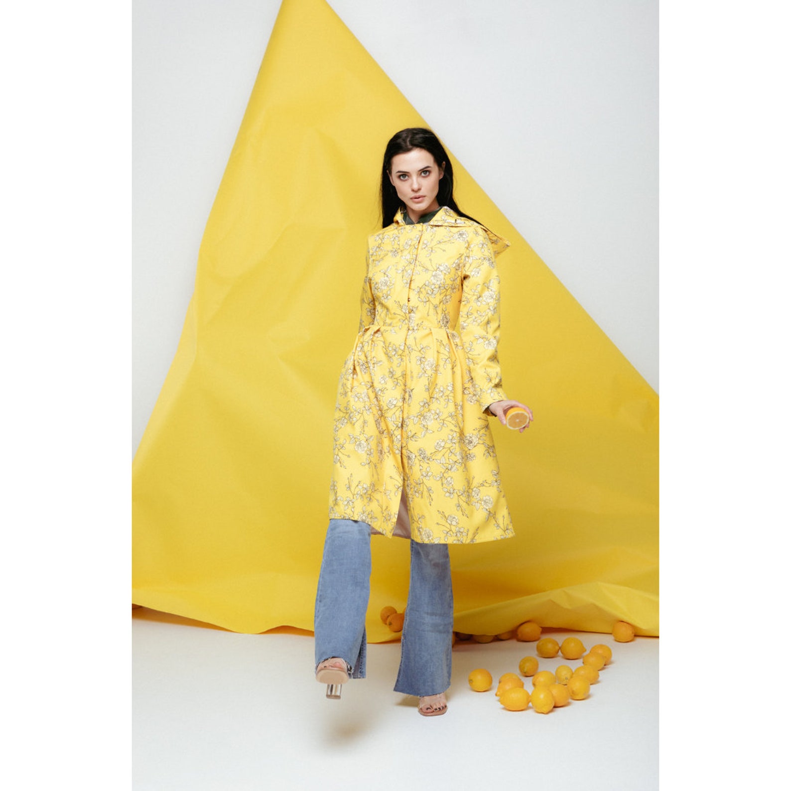 Waterproof Hooded Yellow Coat for Women Floral Raincoat With - Etsy