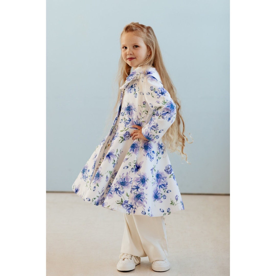 White Fitted and Flared Coat for Girls With a Blue Flower Print, Girls ...