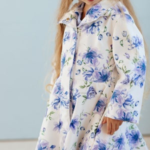 White Fitted and Flared Coat for Girls With a Blue Flower Print, Girls ...