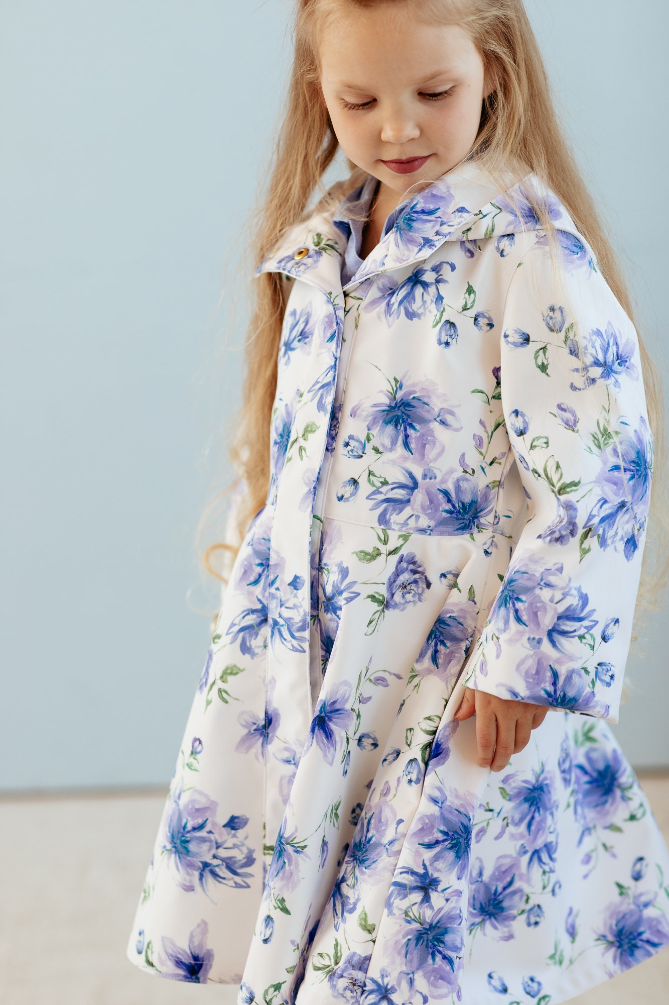 White Fitted and Flared Coat for Girls With a Blue Flower Print, Girls ...