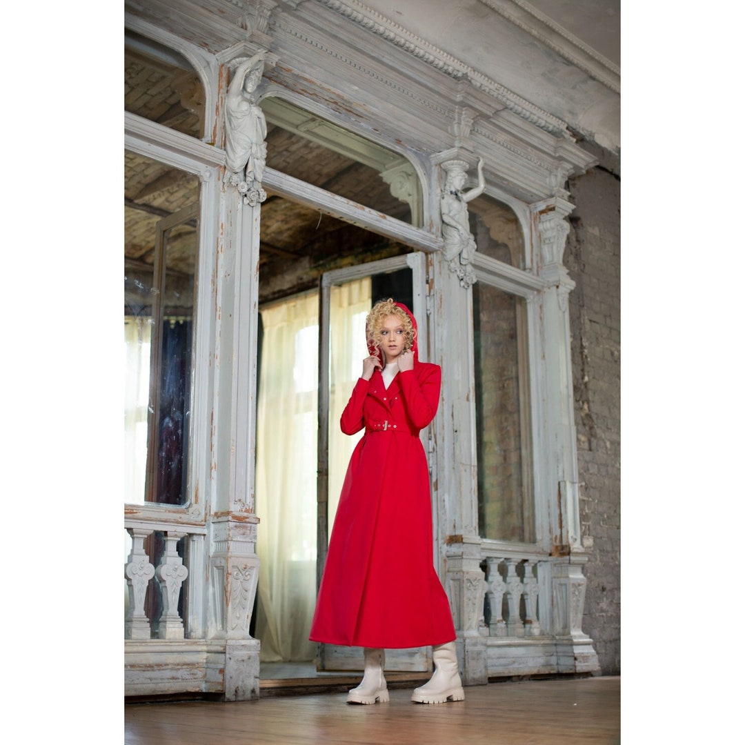 Vibrant Bright Red Waterproof Long Woman Coat in A-line Cut, Elegant ...