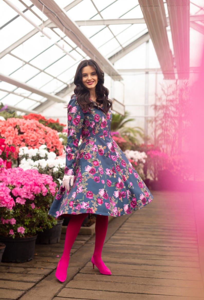 Teal Turquoise Green Raincoat With Roses, Waterproof Fit and Flare ...