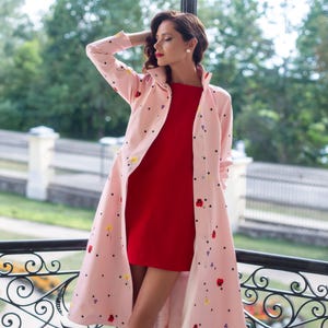 Waterproof Fitted Soft Pink Coat With A-line Skirt, Floral Print ...